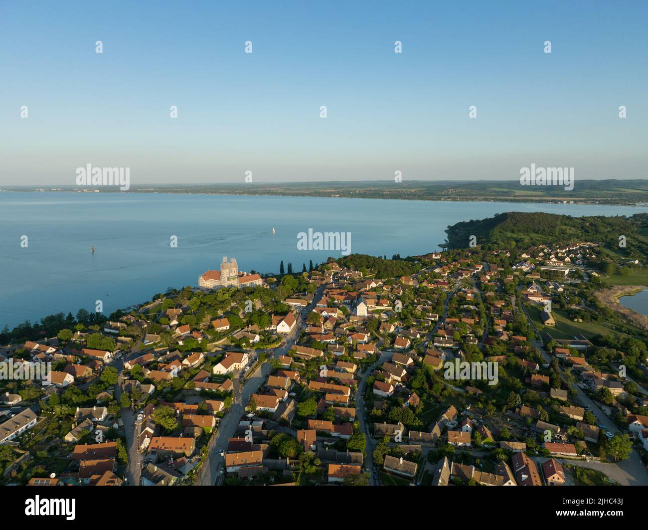 Aerial view of Tihany village overlooking Lake Balaton in Hungary Stock ...