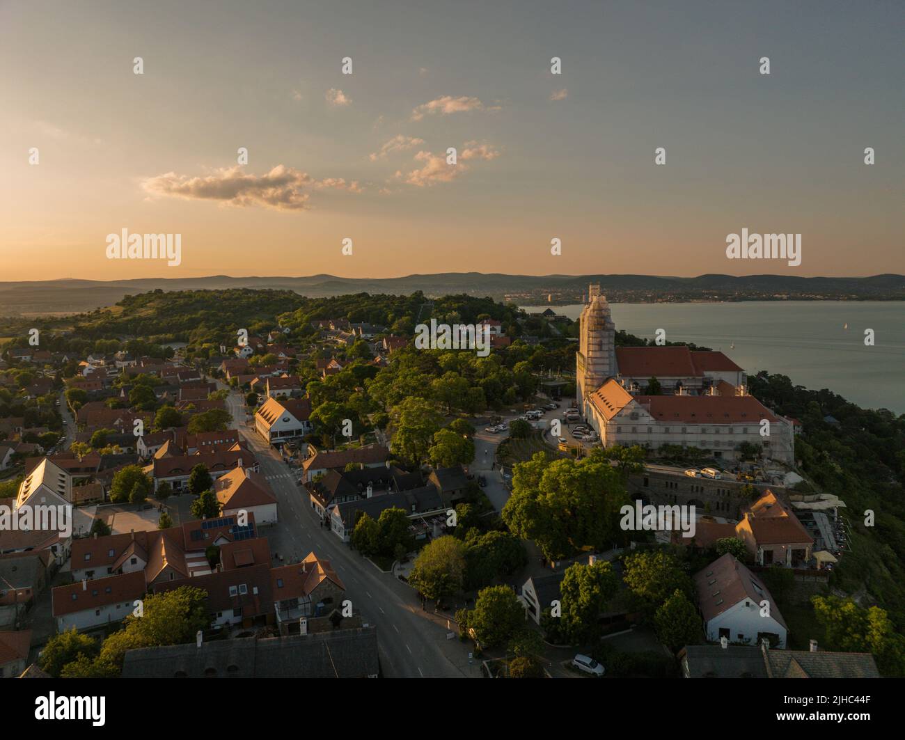 Aerial view of Tihany village overlooking Lake Balaton in Hungary ...