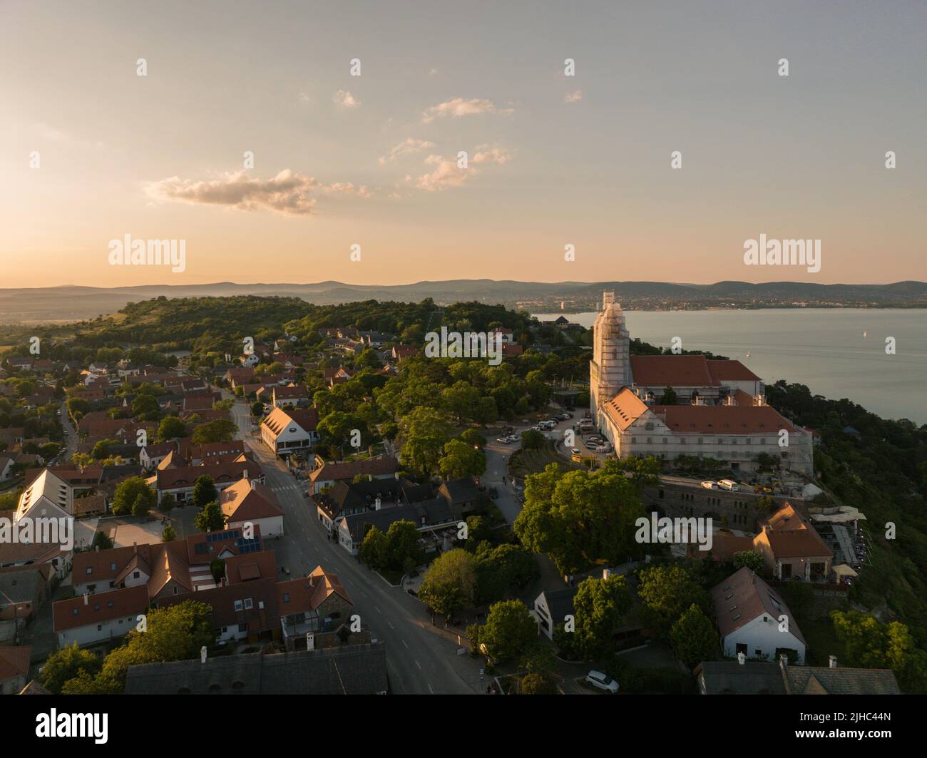 Aerial view of Tihany village overlooking Lake Balaton in Hungary ...