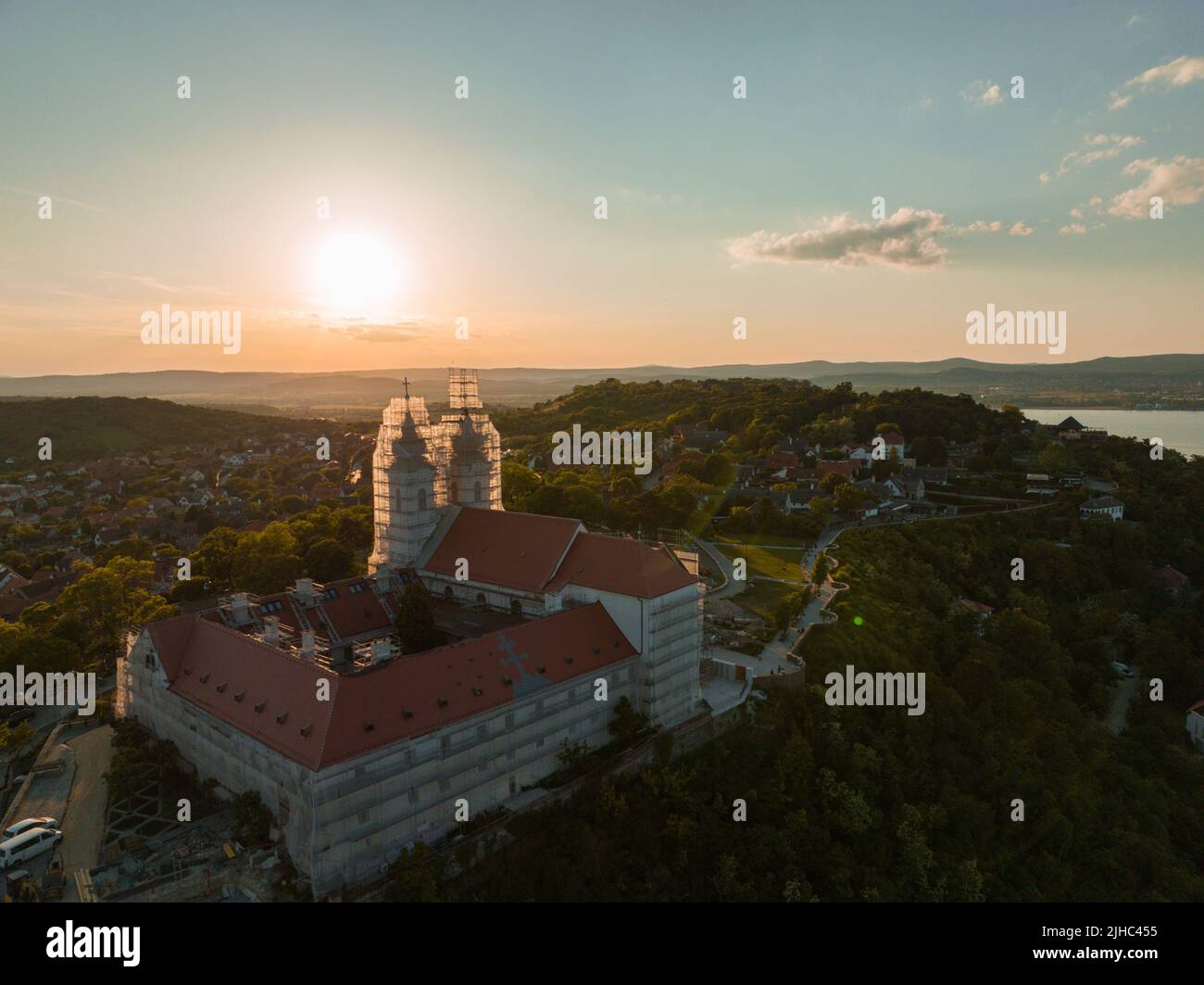 Aerial view of Tihany village overlooking Lake Balaton in Hungary ...