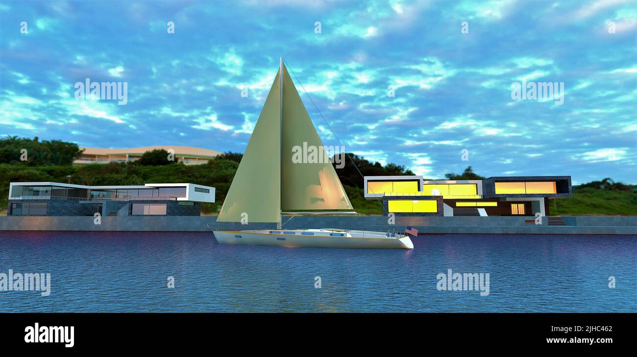 A chic sailing yacht flying the US flag sailed into the bay at dawn ...