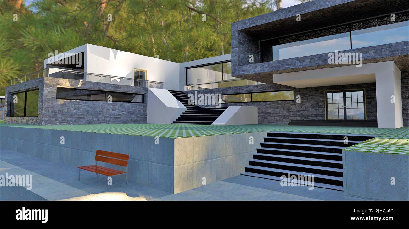 Courtyard of a chic country high-tech house in a pine forest. Finishing ...