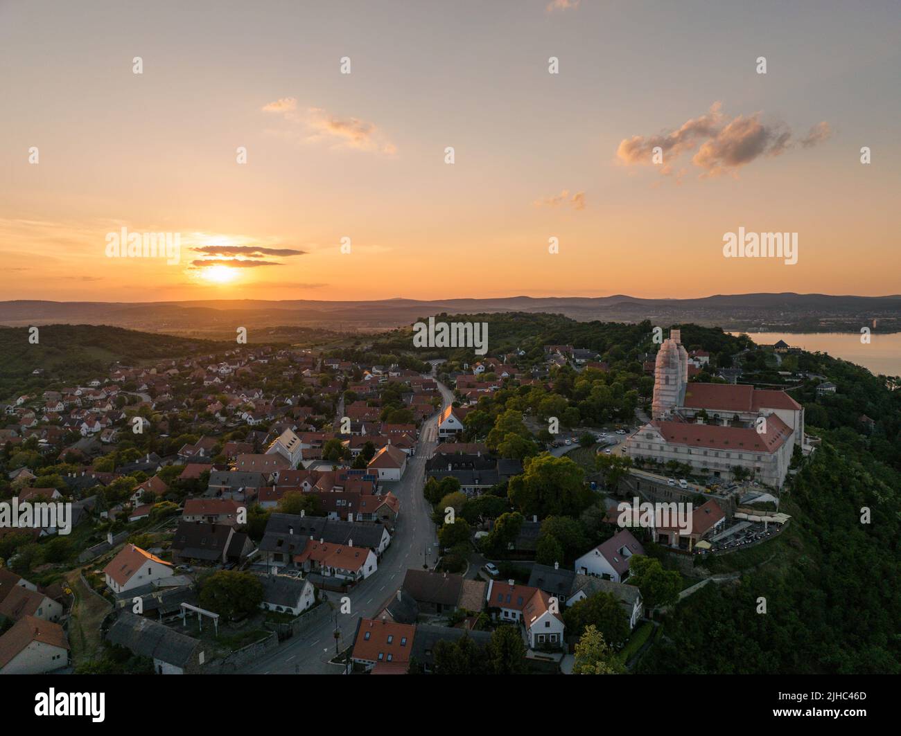 Aerial view of Tihany village overlooking Lake Balaton in Hungary ...