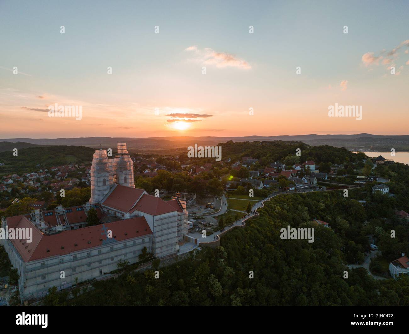 Aerial view of Tihany village overlooking Lake Balaton in Hungary ...