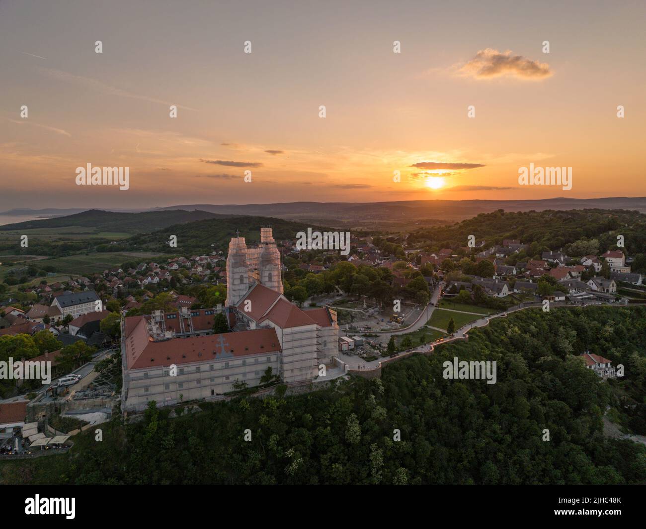 Aerial view of Tihany village overlooking Lake Balaton in Hungary ...