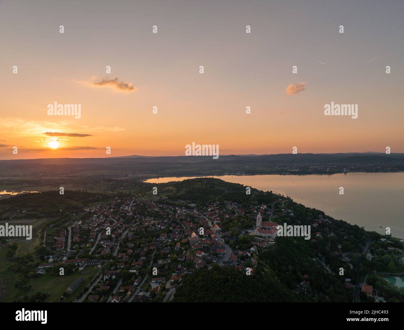 Aerial view of Tihany village overlooking Lake Balaton in Hungary ...