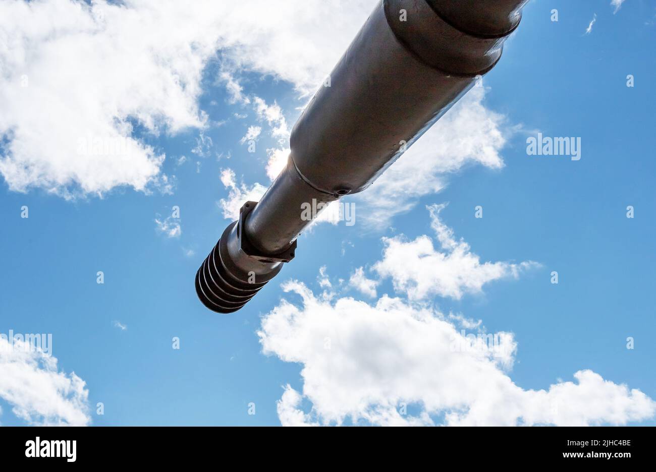 Battle tank muzzle directed to sky. War, military defense concept ...