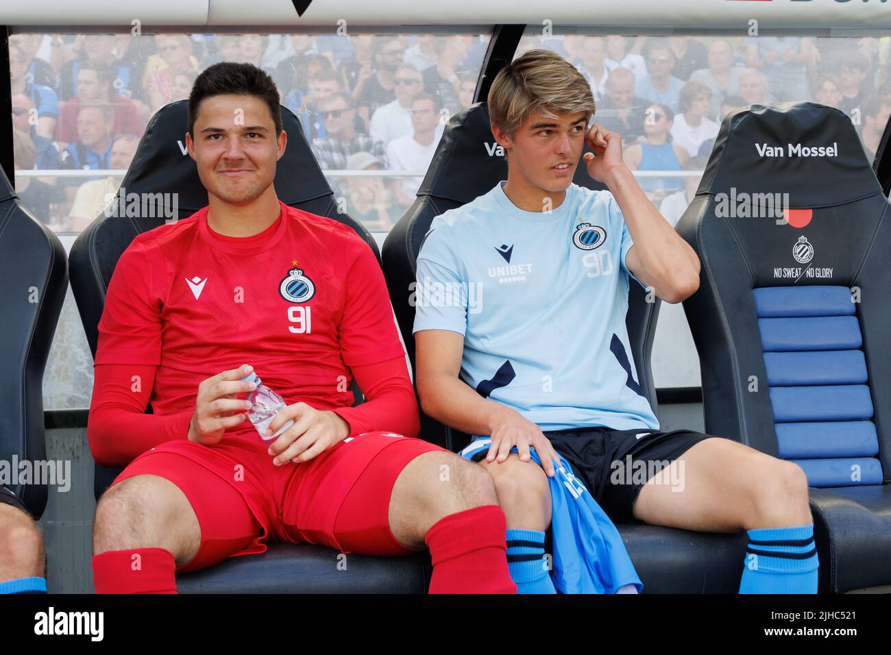 Club's goalkeeper Jelle Van Neck and Club's Charles De Ketelaere pictured during a soccer match ...