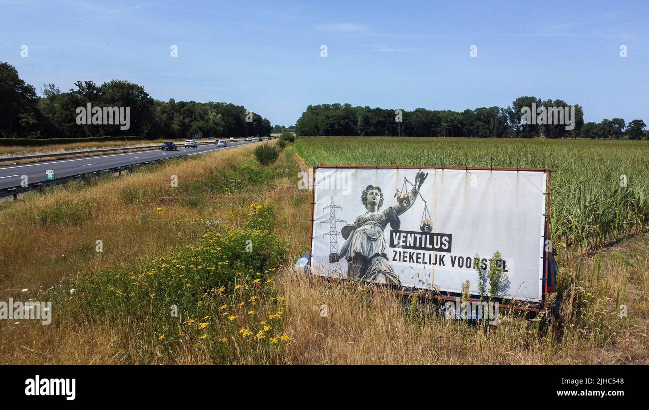 Illustration picture shows protest posters against Ventilus Torhout ...