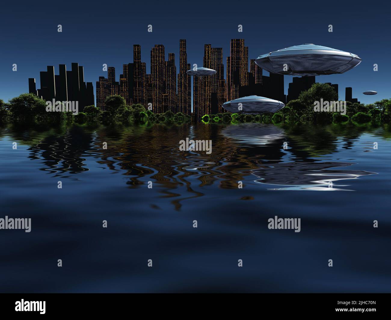 Exosolar planet. Future city surrounded by green forest in ocean ...