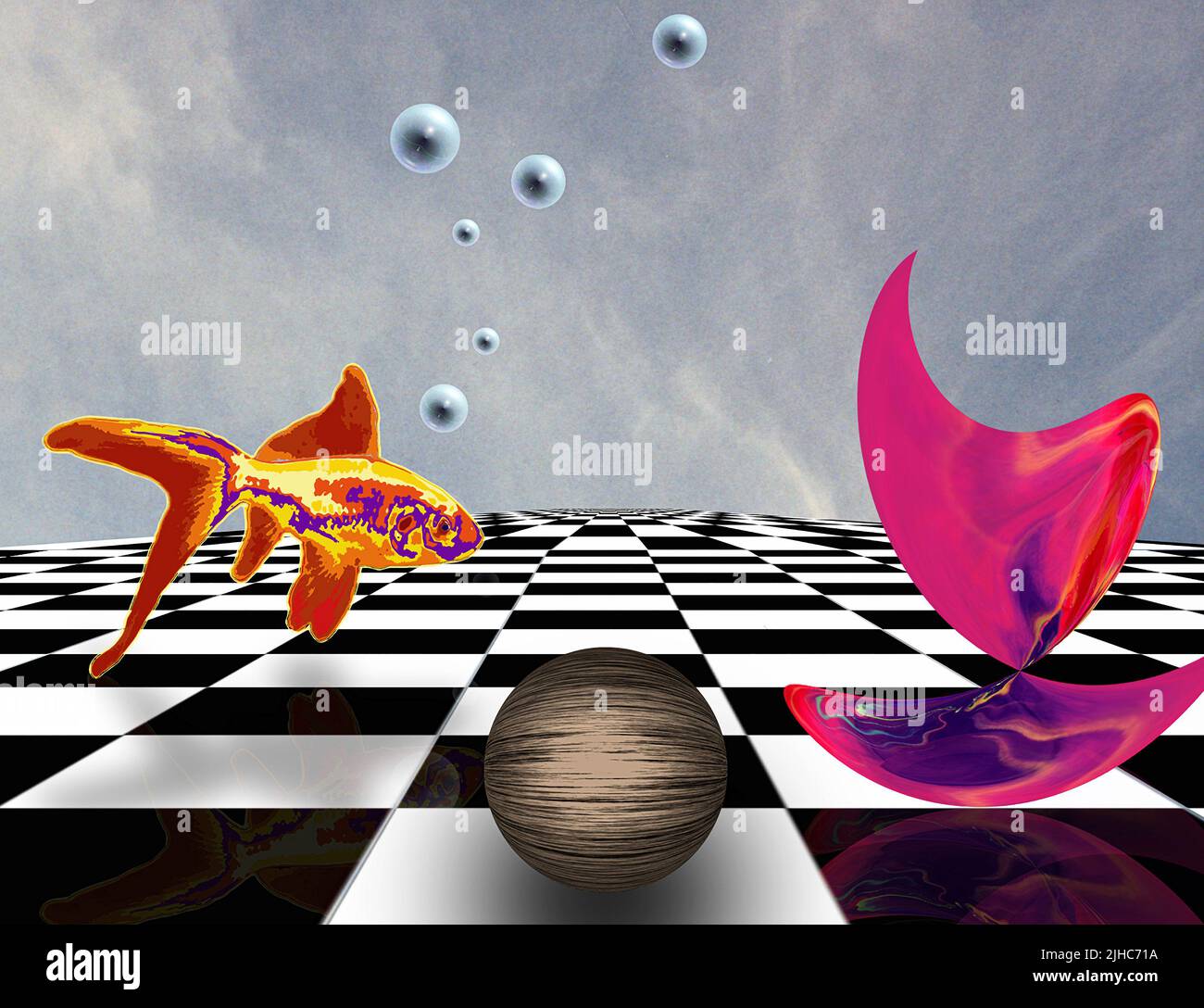 Surreal composition. Pink matter on chessboard, sphere and golden fish ...