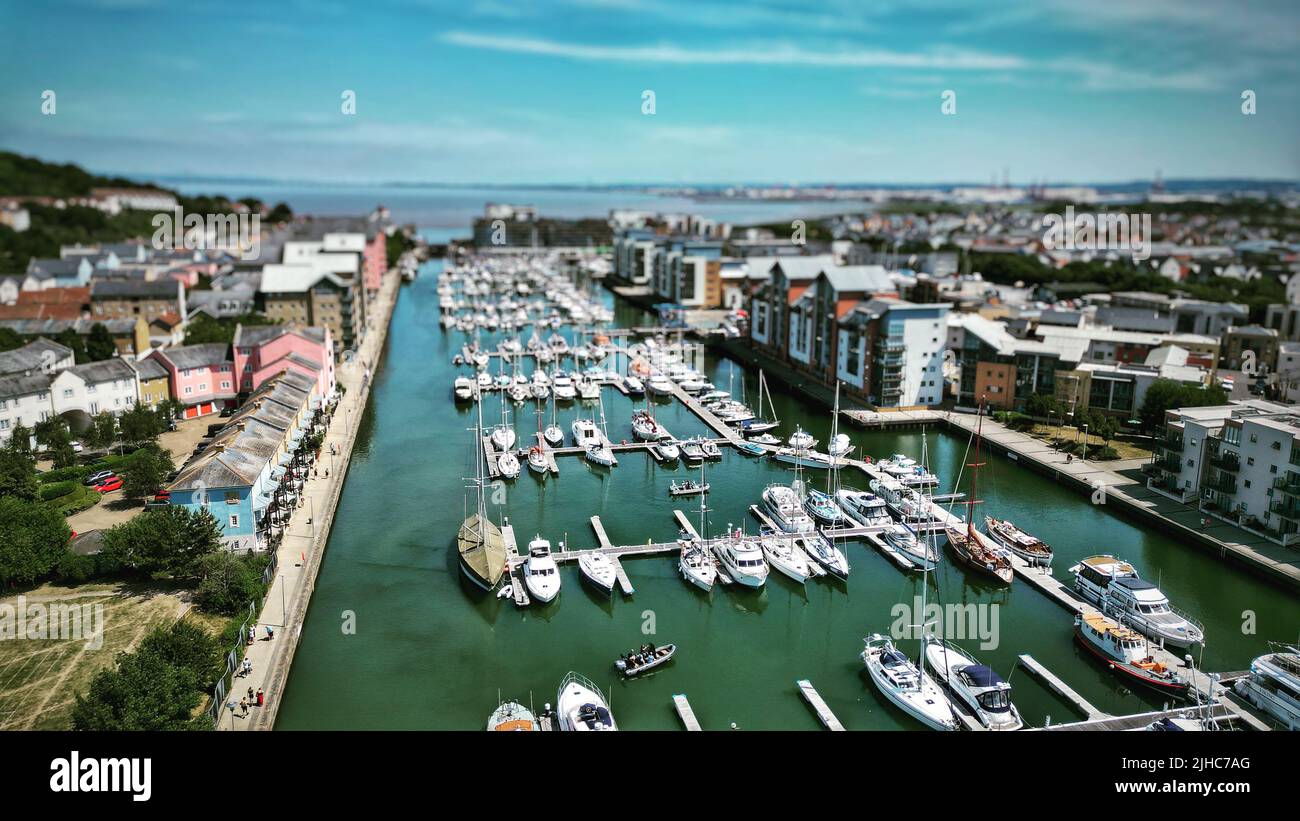 An aerial view of the Portishead Marina with boats and ships in Bristol ...