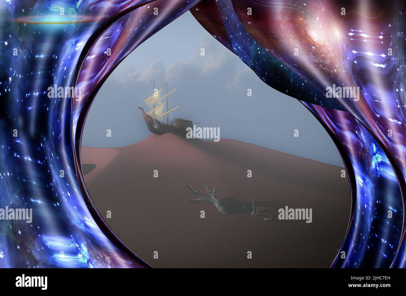 Surrealism. Ancient ship on a sand dune. Warped space. 3D rendering ...