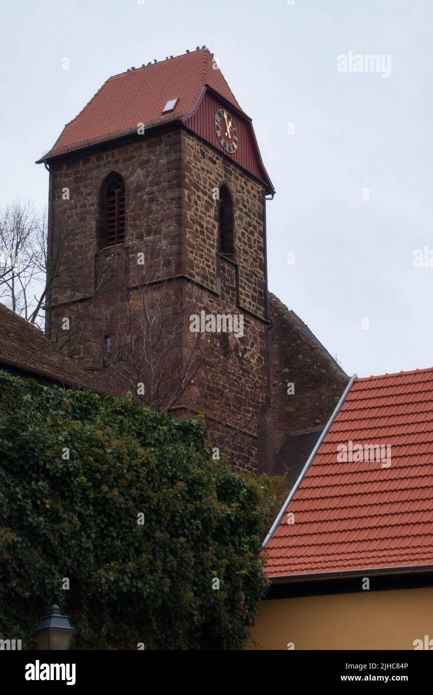 Neuleiningen, Germany - December 2, 2020: Clock tower on a church, St ...