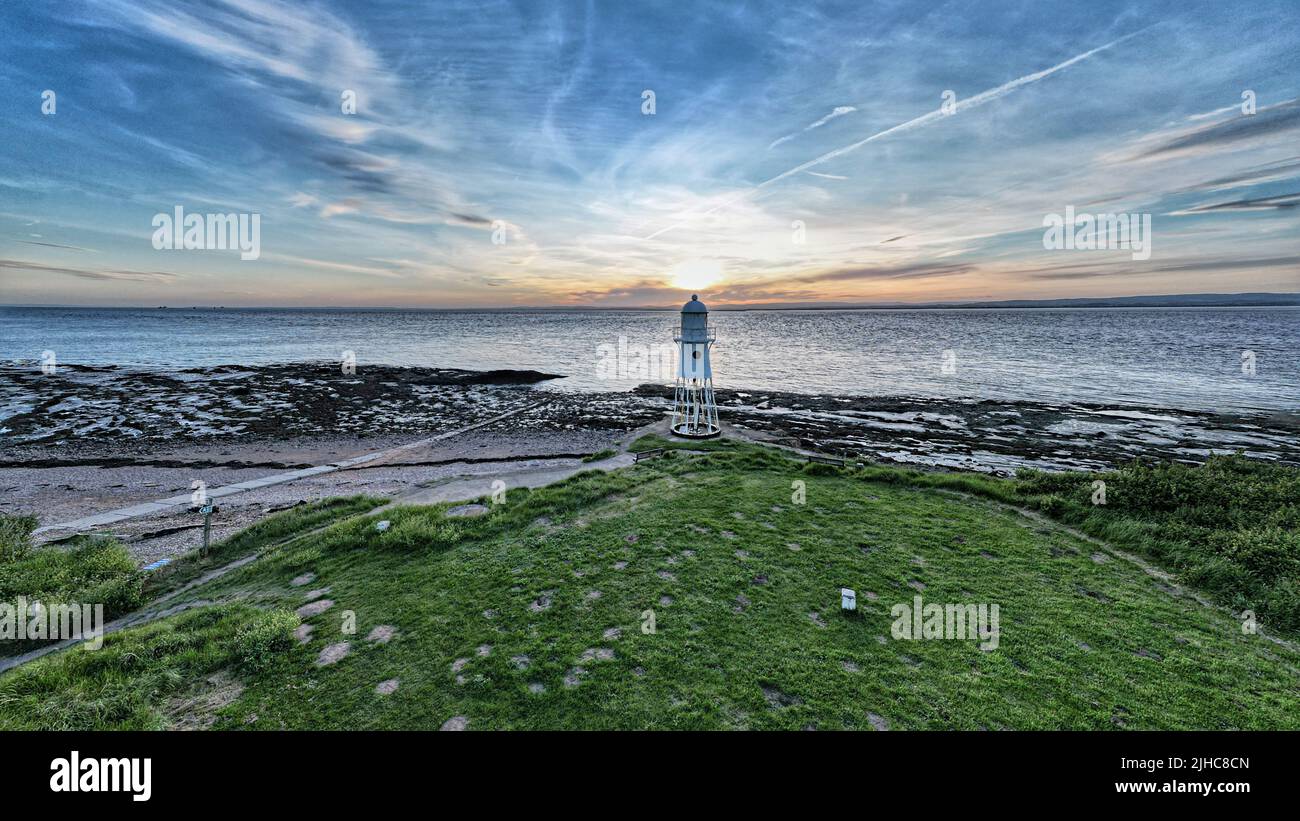 An aerial view of the Black Nore Lighthouse on the shore in Portishead ...