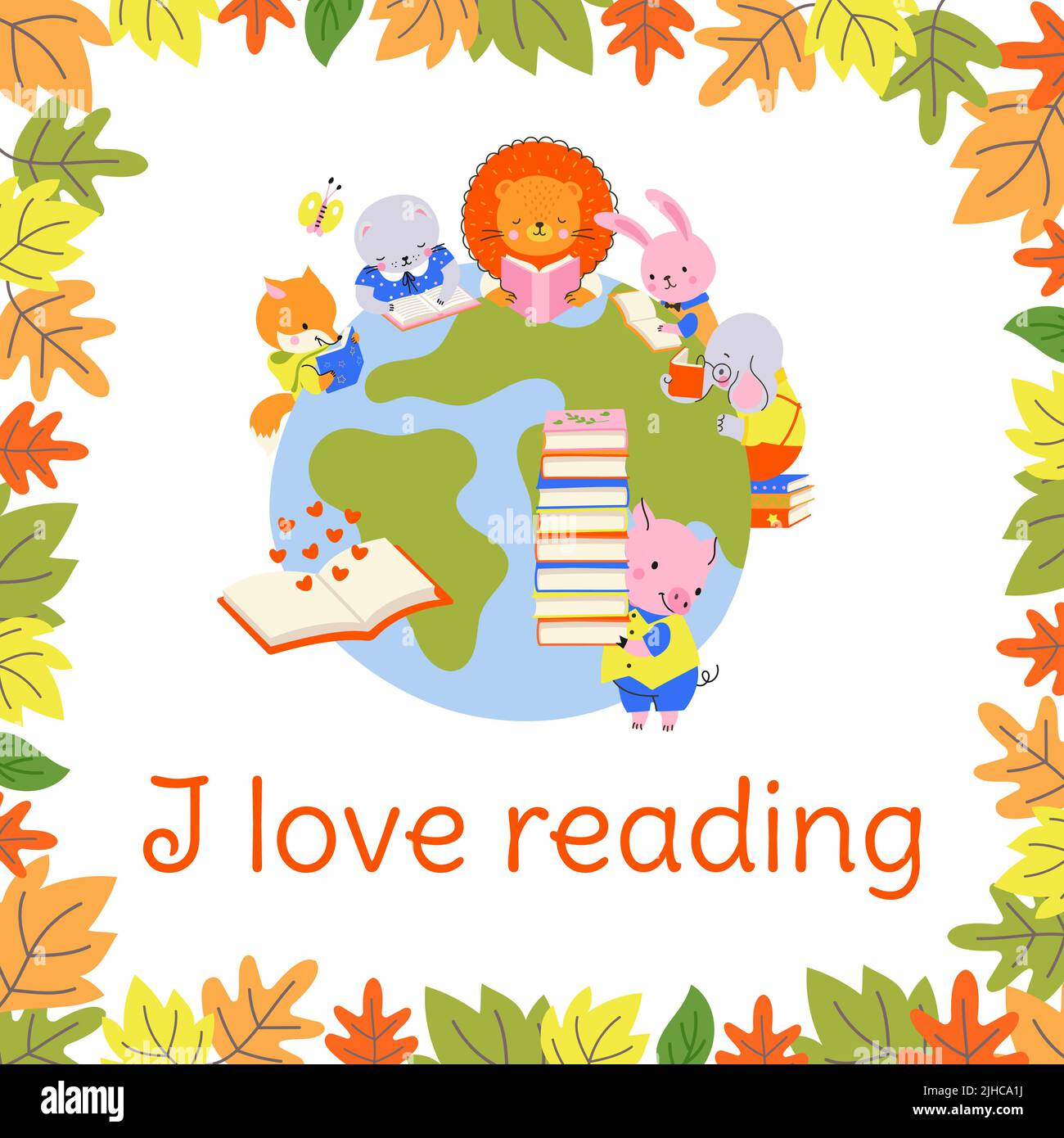 Reading time background. Books day poster with earth and cute animals ...