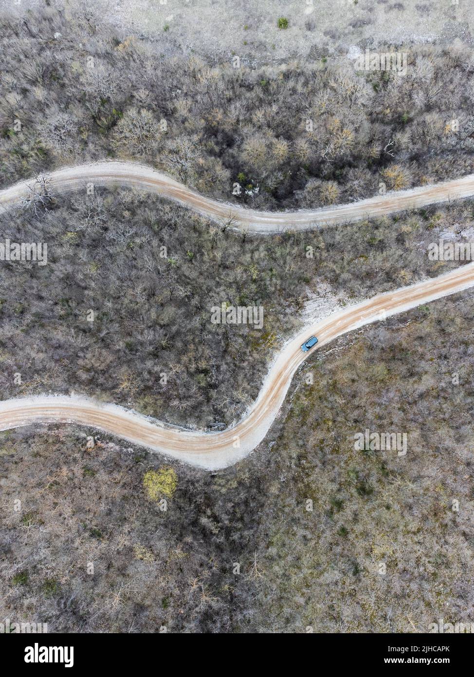 Top-down view of two roads in the middle of a forest, with a blue car ...