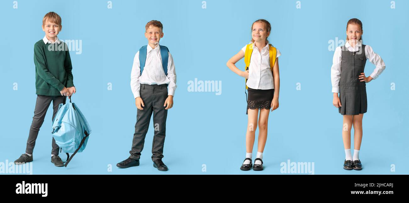 Set of little students on light blue background Stock Photo - Alamy