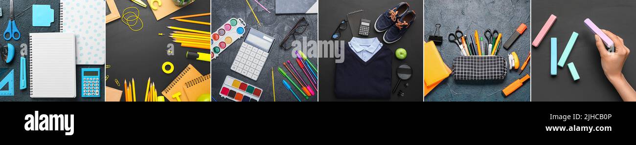 Collage of school supplies and clothes on dark background, top view ...