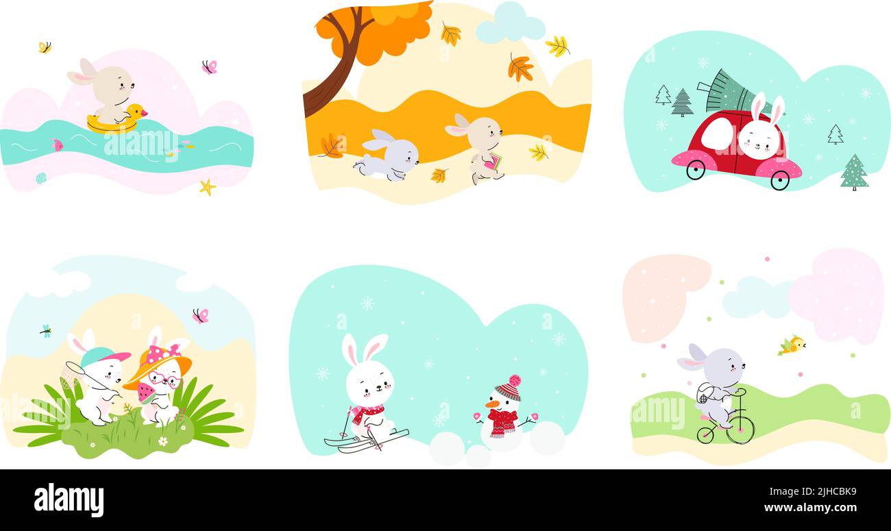 Happy cartoon bunny in different seasons. Cute fun bunnies walk in ...