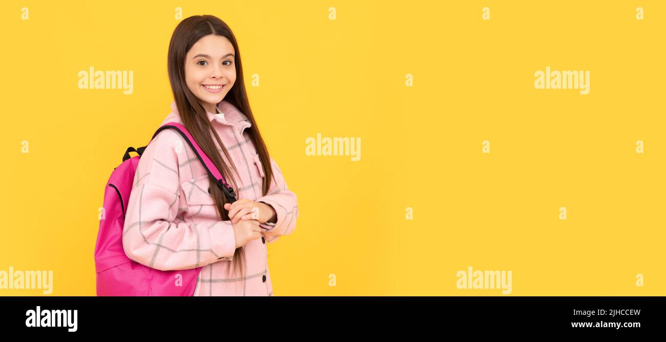 Autumn fall school. happy teen girl wear pink checkered shirt carry ...