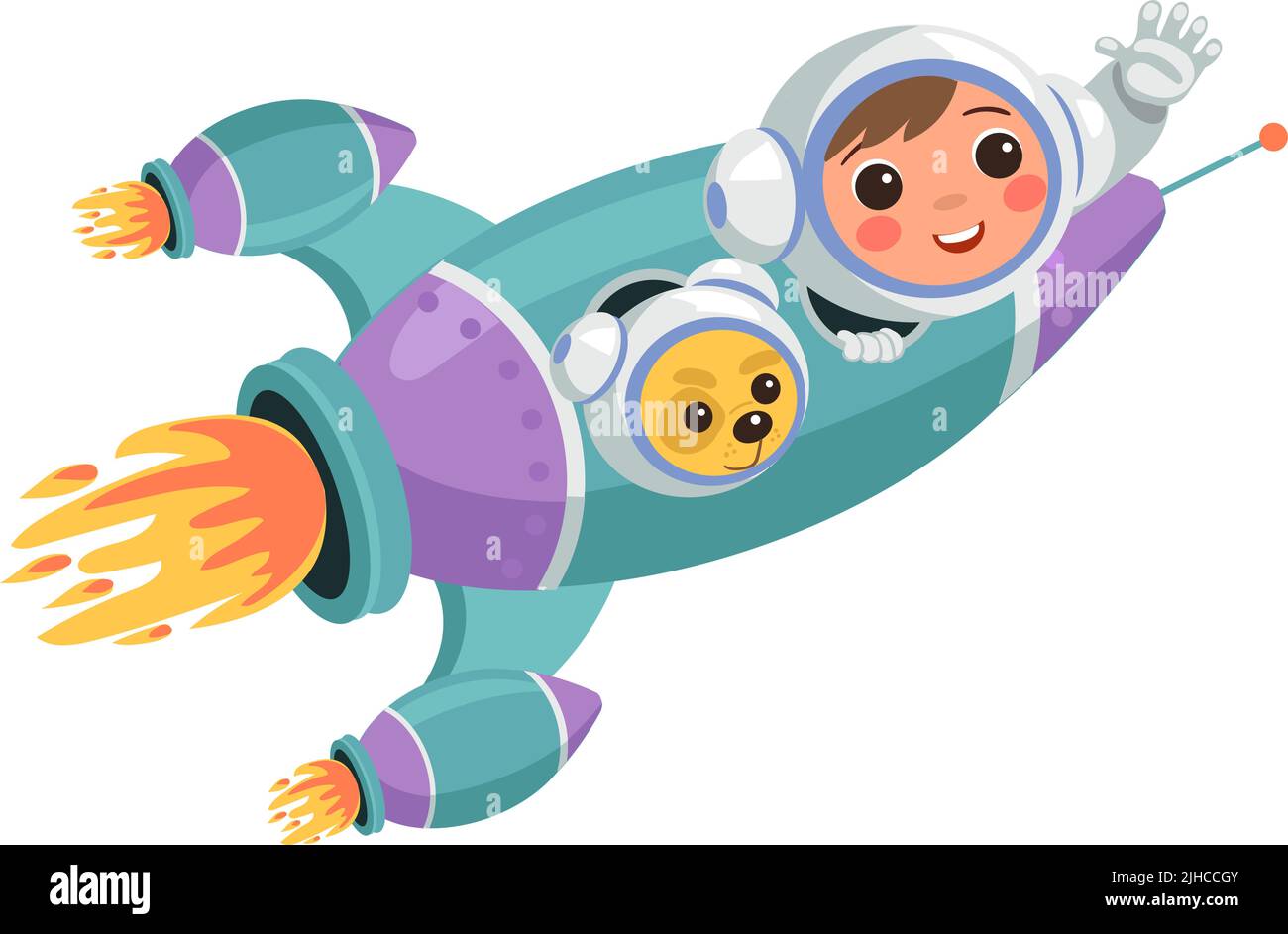 Kid and dog flying on space rocket. Happy astronauts Stock Vector Image ...