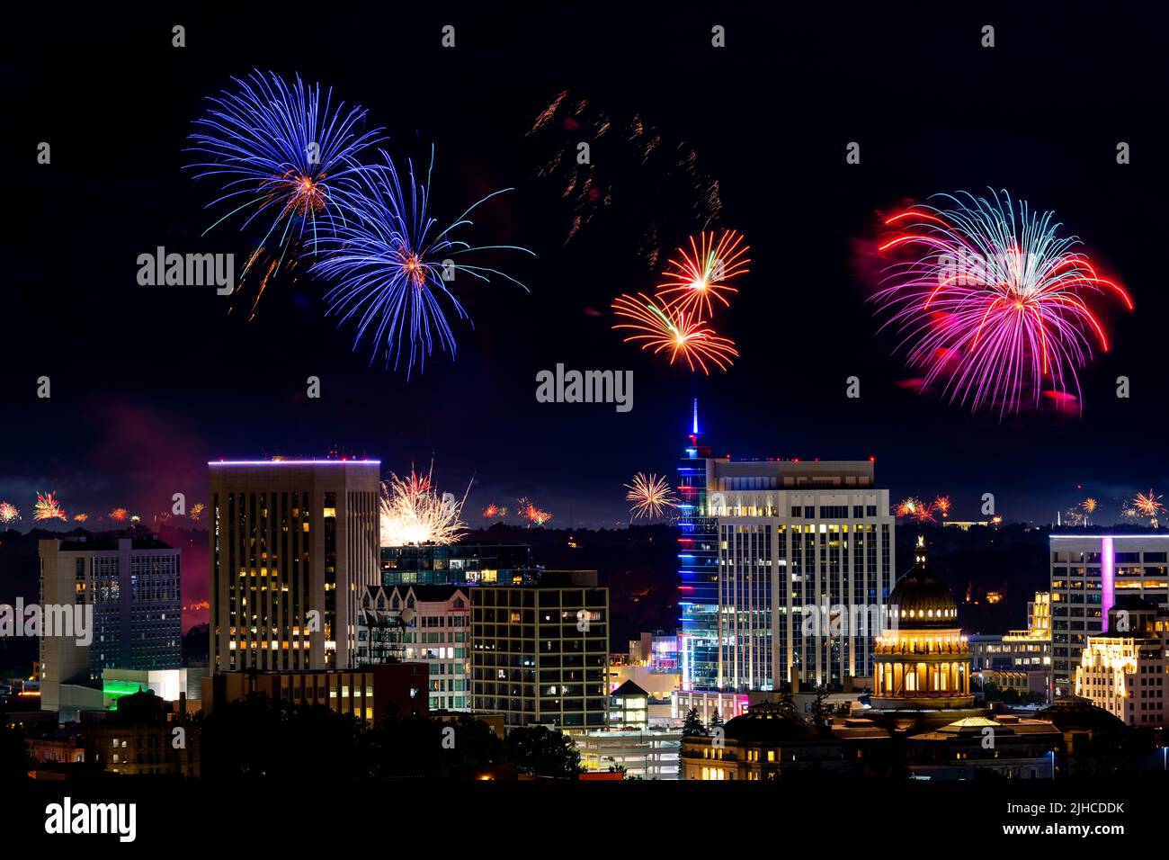 Night skyline of Boise Idaho with colorful celebration fireworks Stock ...