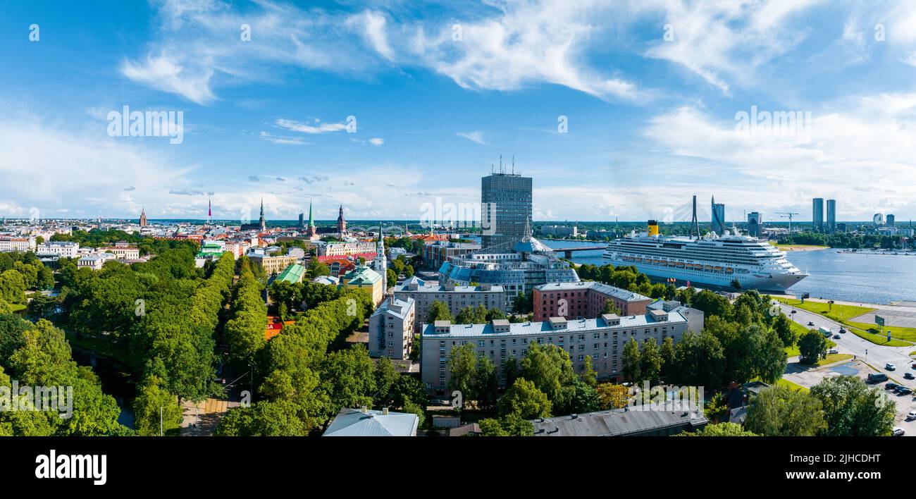 Aerial view of the large cruise ship docked in Riga port Stock Photo ...