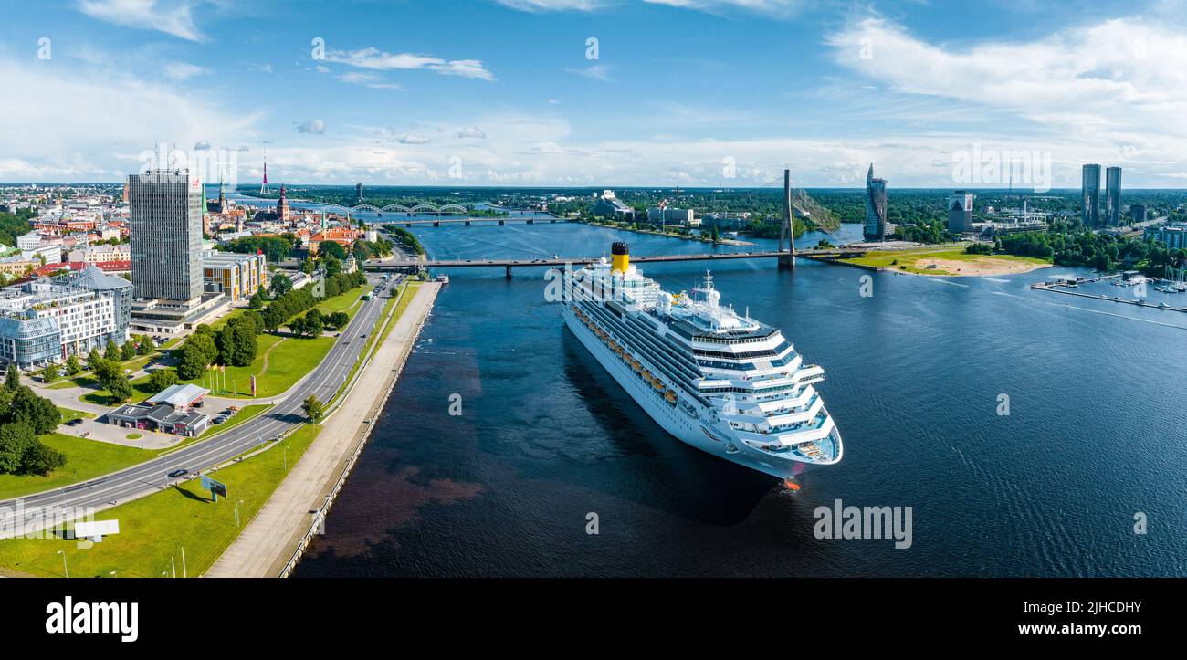 Aerial view of the large cruise ship docked in Riga port Stock Photo ...