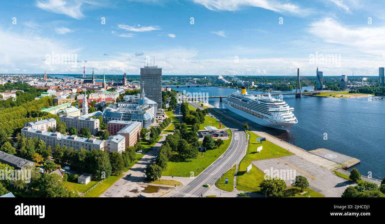 Aerial view of the large cruise ship docked in Riga port Stock Photo ...