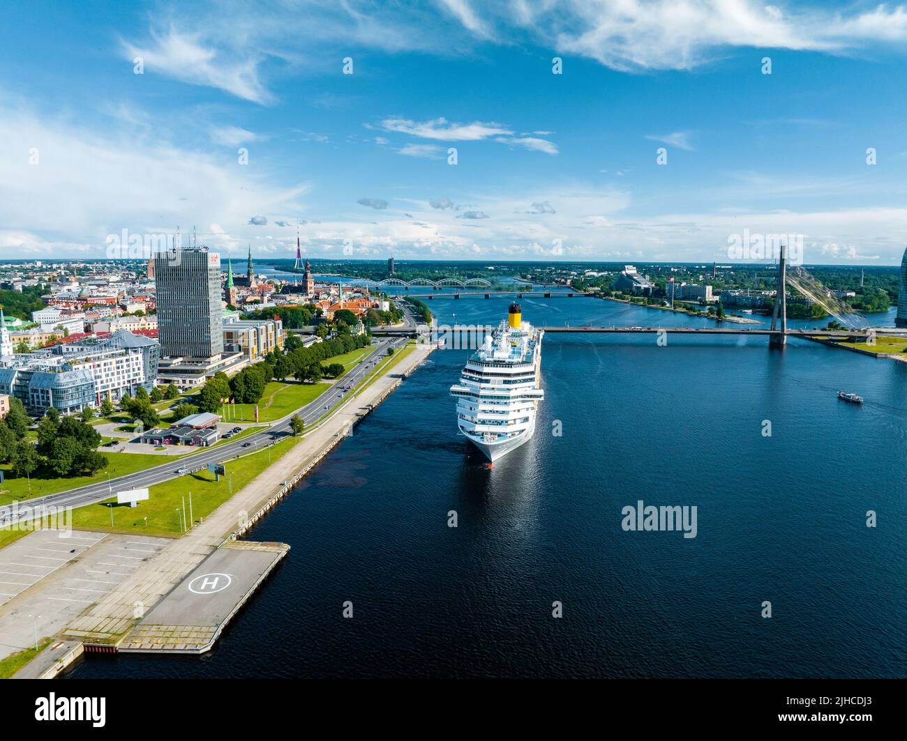 Aerial view of the large cruise ship docked in Riga port Stock Photo ...