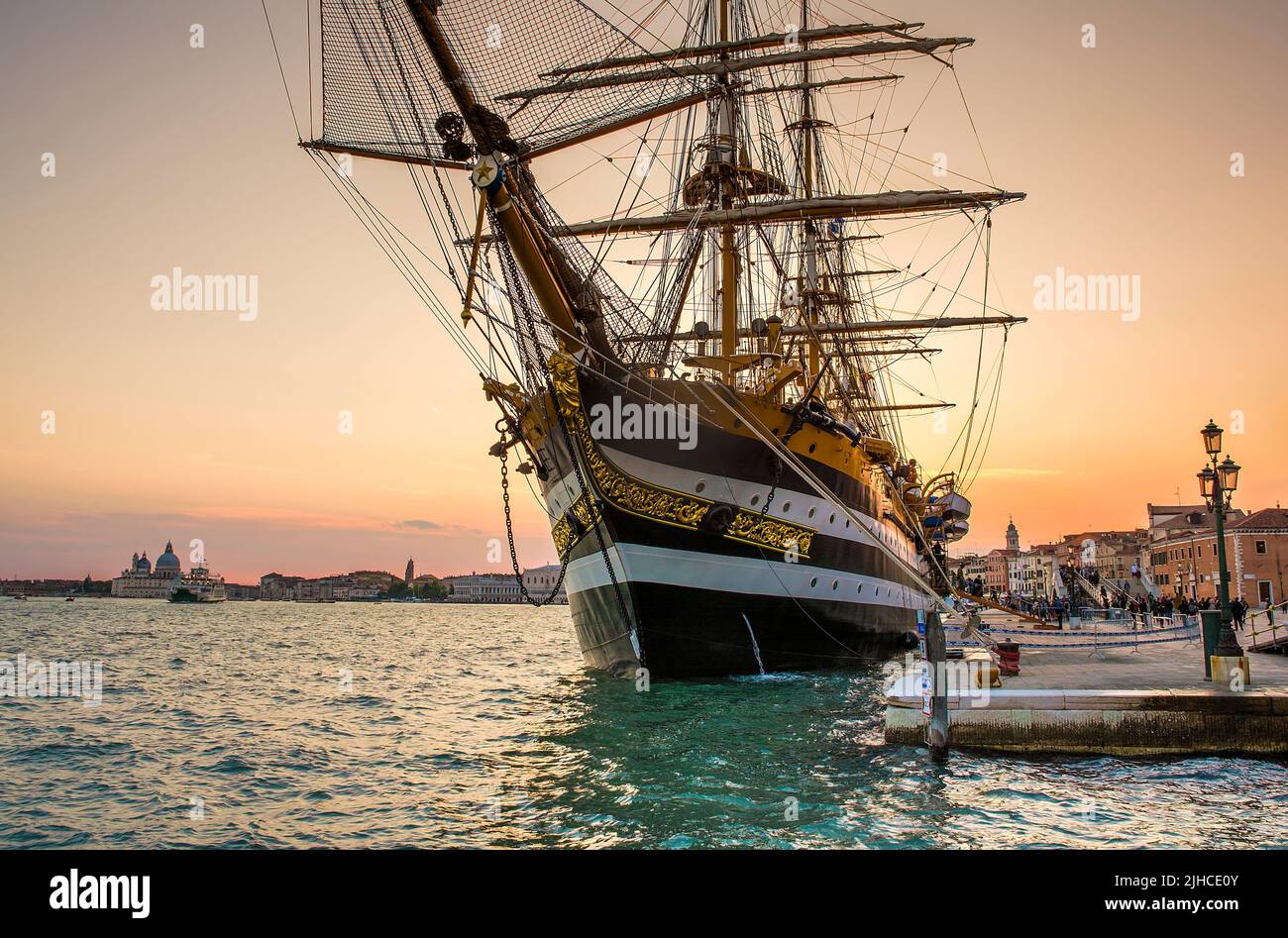 The beautiful Tall Ship Amerigo Vespucci in Venice, Italy during sunset ...