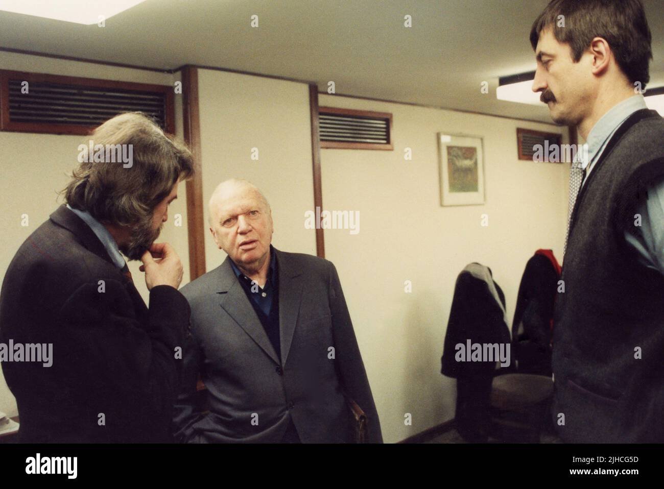 Romanian politicians Eugen Mihaescu (left) and Silviu Brucan (right) in ...