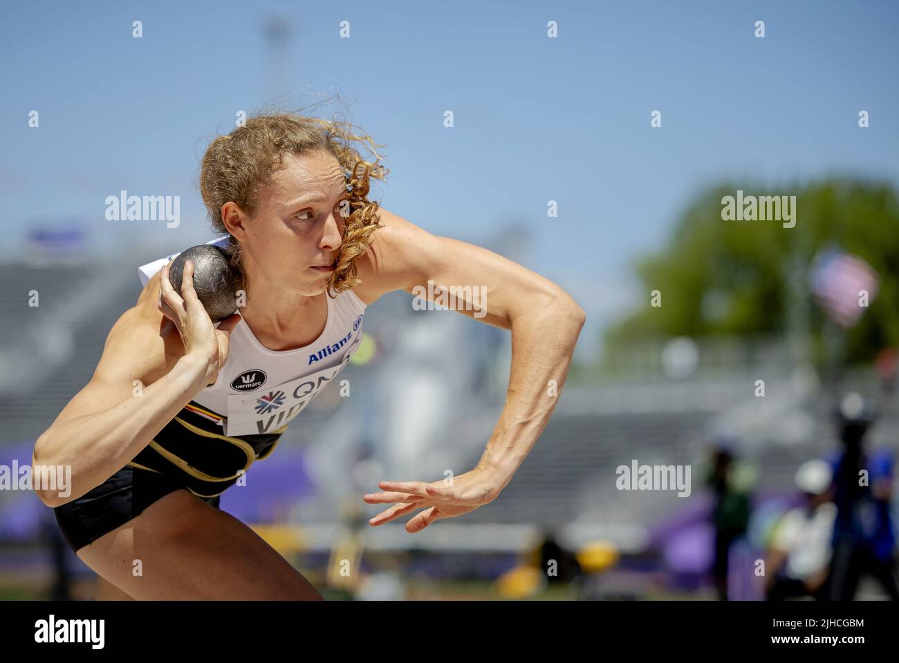 EUGENE - Noor Vidts (BEL) in action during the heptathlon shot put on ...