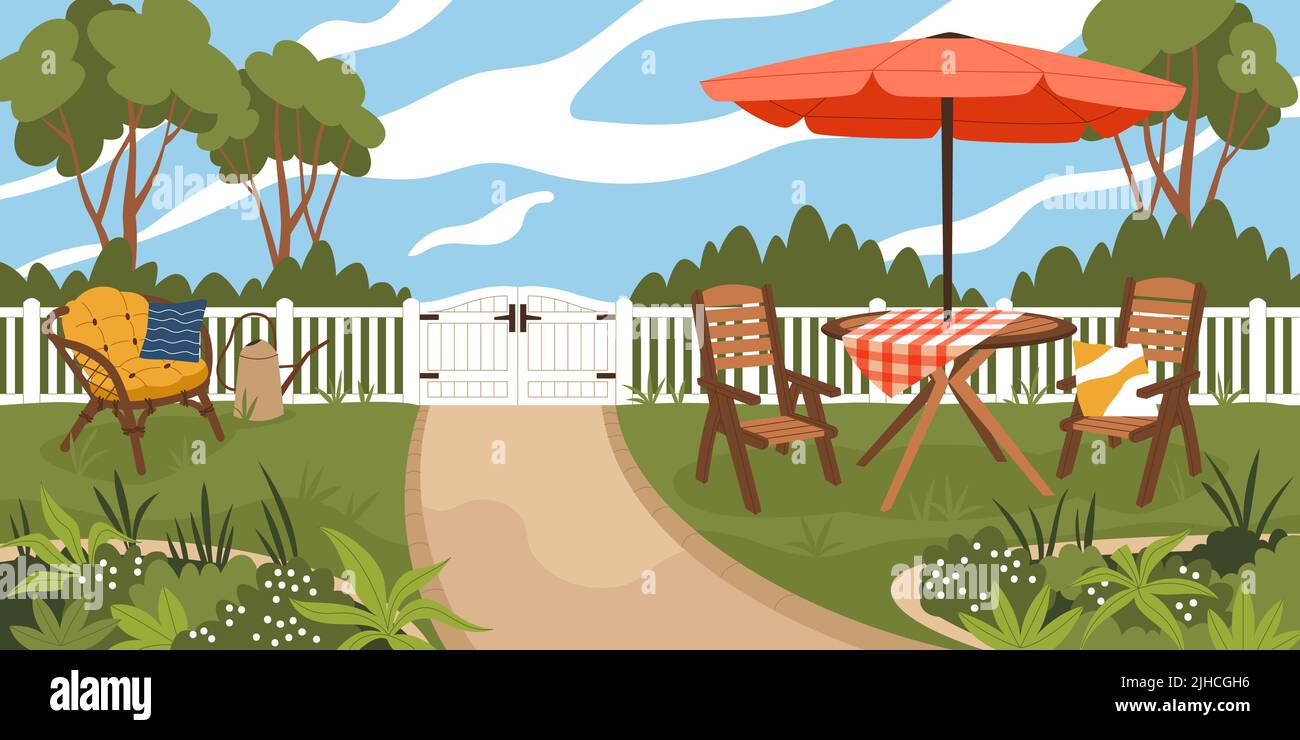 Backyard patio. Cozy garden with furniture, outdoor chill out zone ...