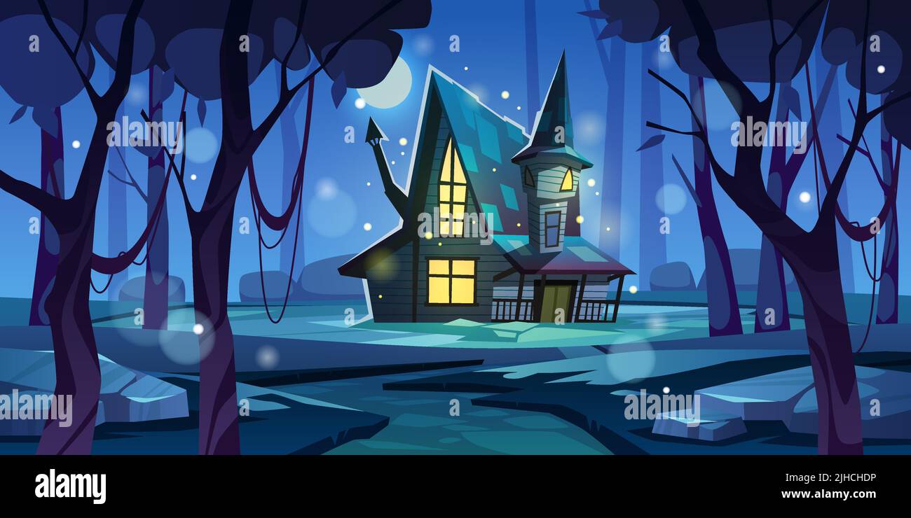 Dark forest house. Mysterious night home in wood, gaming location ...