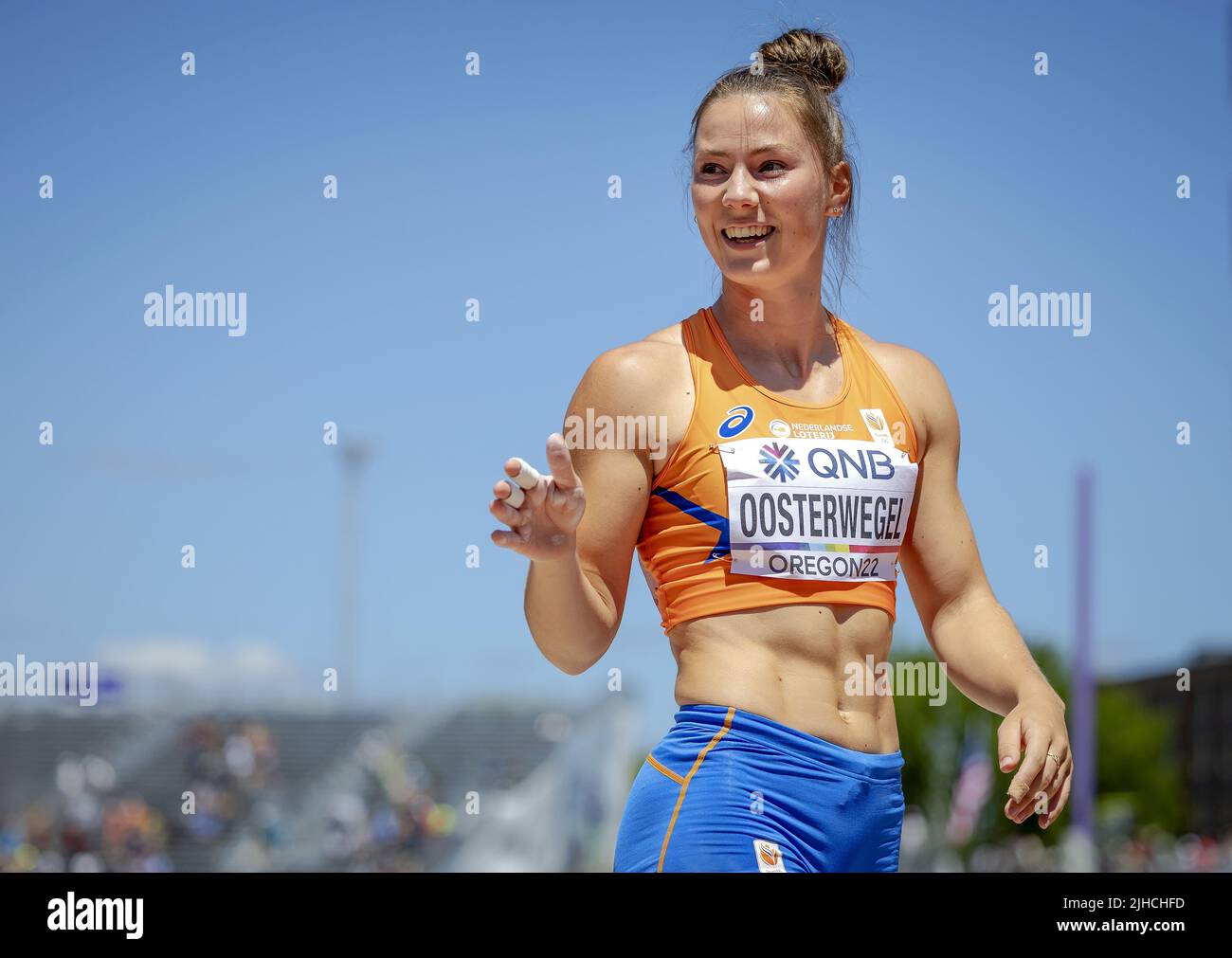 EUGENE - Emma Oosterwegel in action during the heptathlon shot put on ...