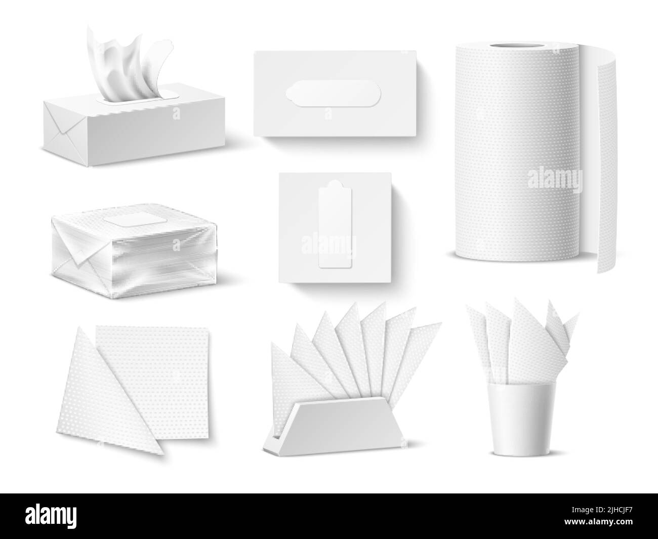 Realistic paper napkins packaging. White tissue paper mockup, different ...