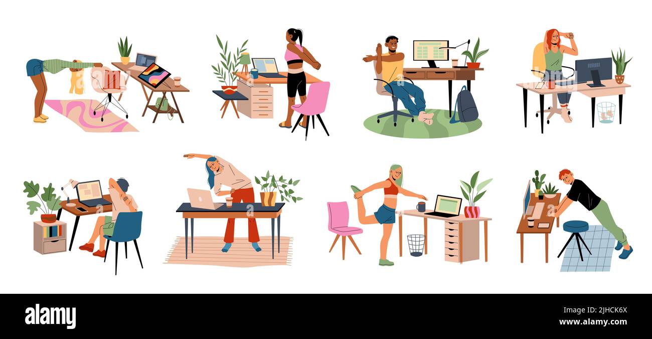 Workplace workout people. Office warmup, happy guys and girls do ...