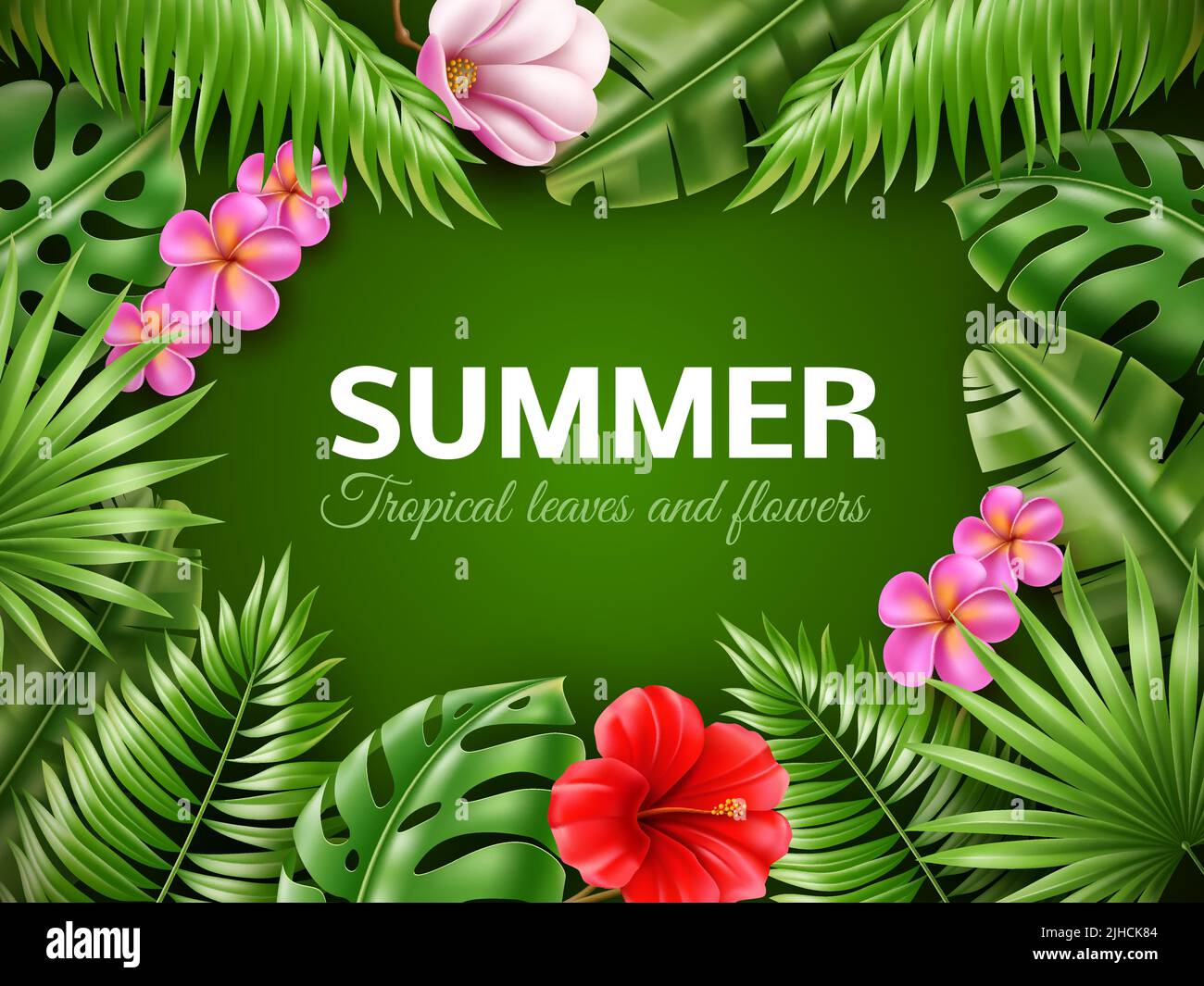 Tropical leaves frame. Realistic jungle plants, exotic hawaii border ...