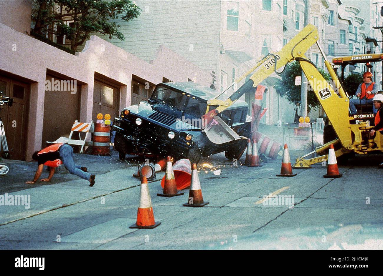 CAR CRASHES PAST WORKMEN, THE ROCK, 1996 Stock Photo - Alamy
