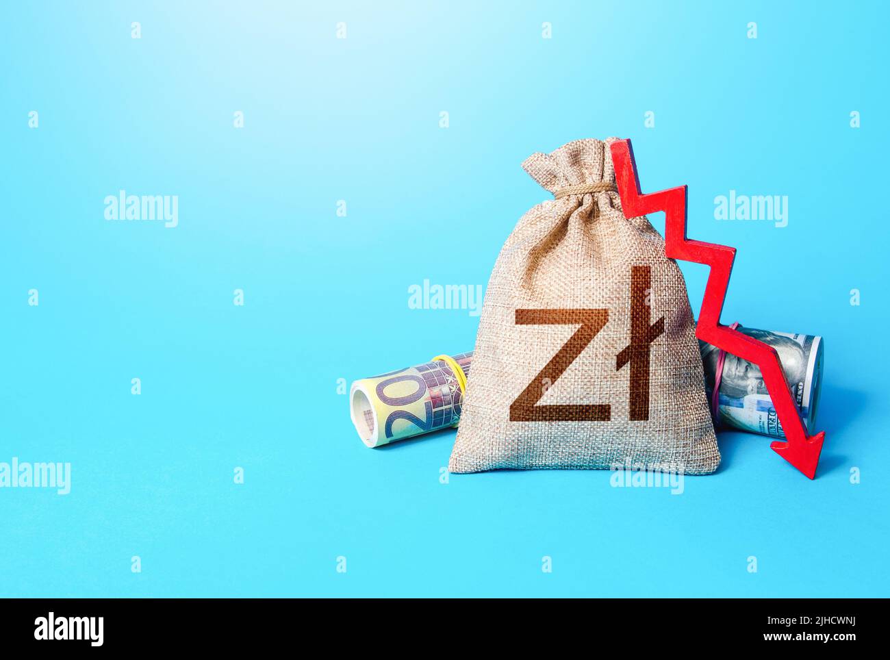 Polish zloty money bag and arrow down. Falling economy. Drop in profits ...
