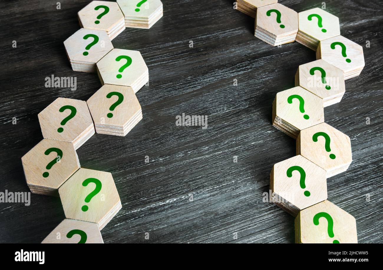 Chains of blocks with a question mark. Unknown facts. Curiosity ...