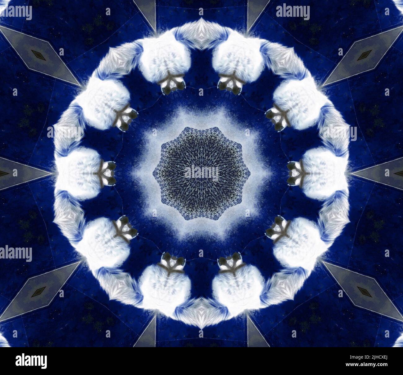 Kaleidoscopic blue night sky with textured fur, pelt, hair; round ...