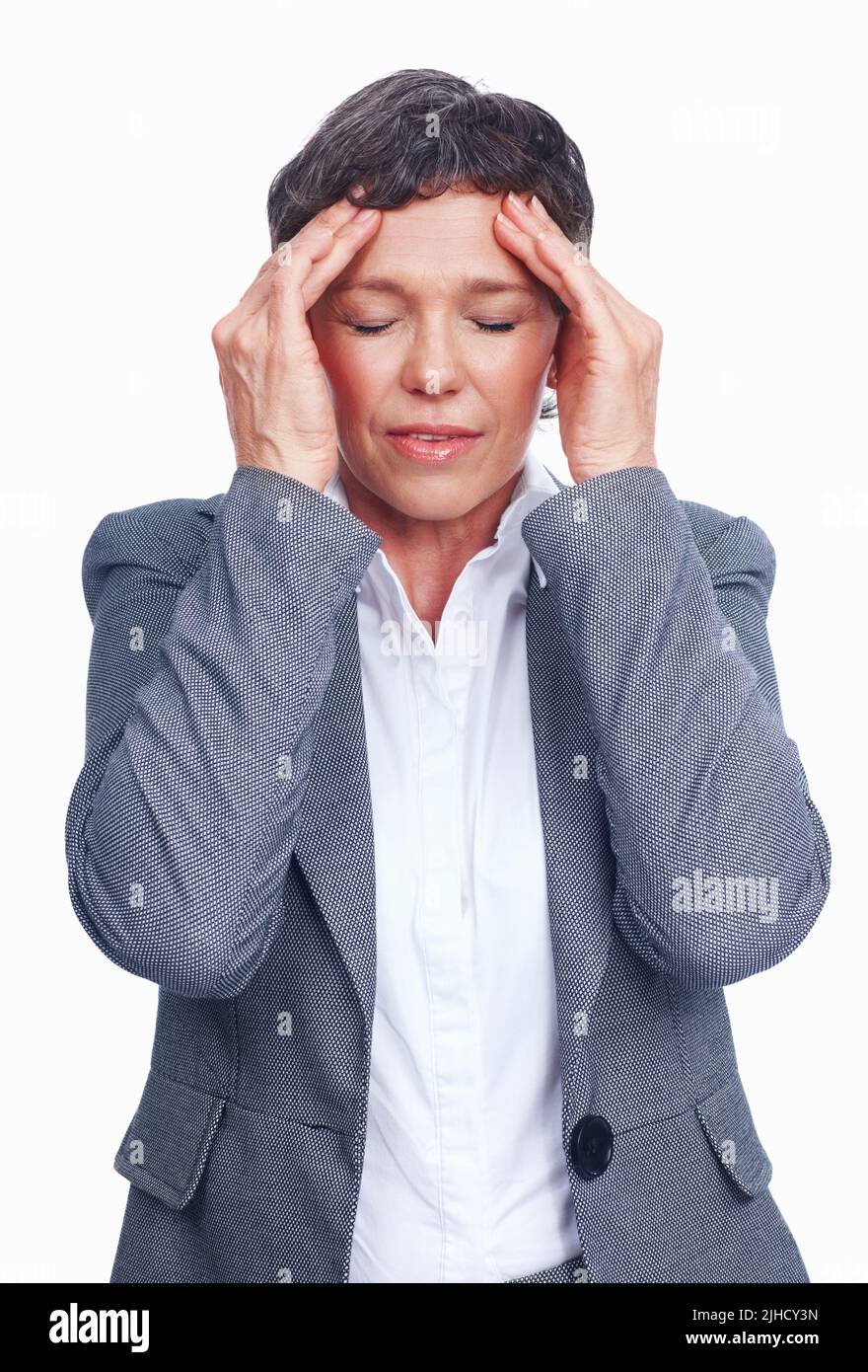 Mature business woman with terrible pain. Mature female executive with ...