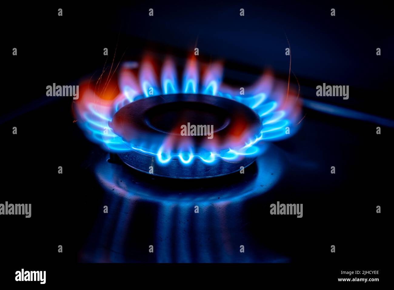Gas cooktop burning gas stove with blue flame Stock Photo - Alamy