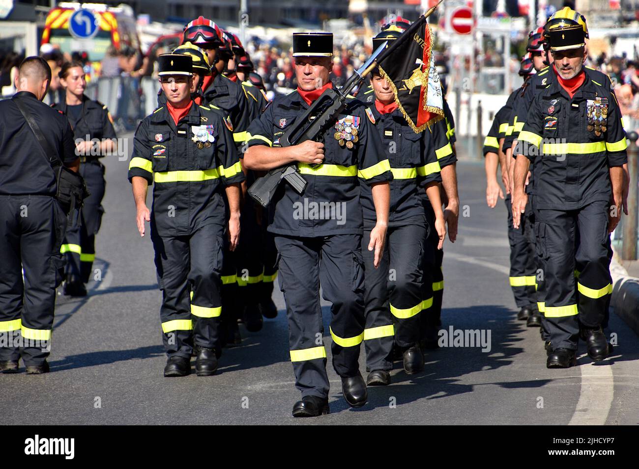 Members of the French Civil Security parade march through the Old Port ...