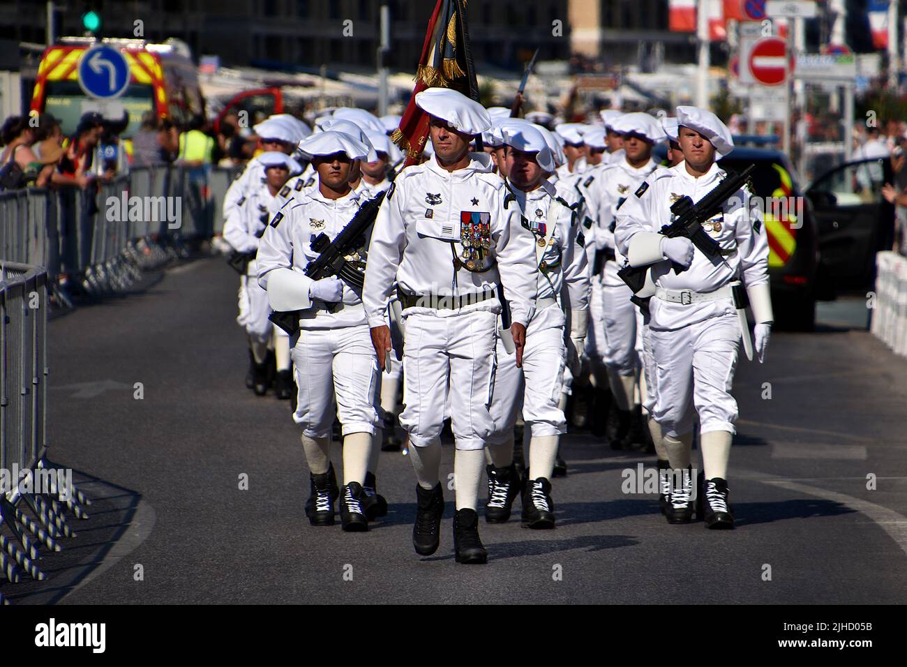 Members of the French land armed forces parade march through the Old ...