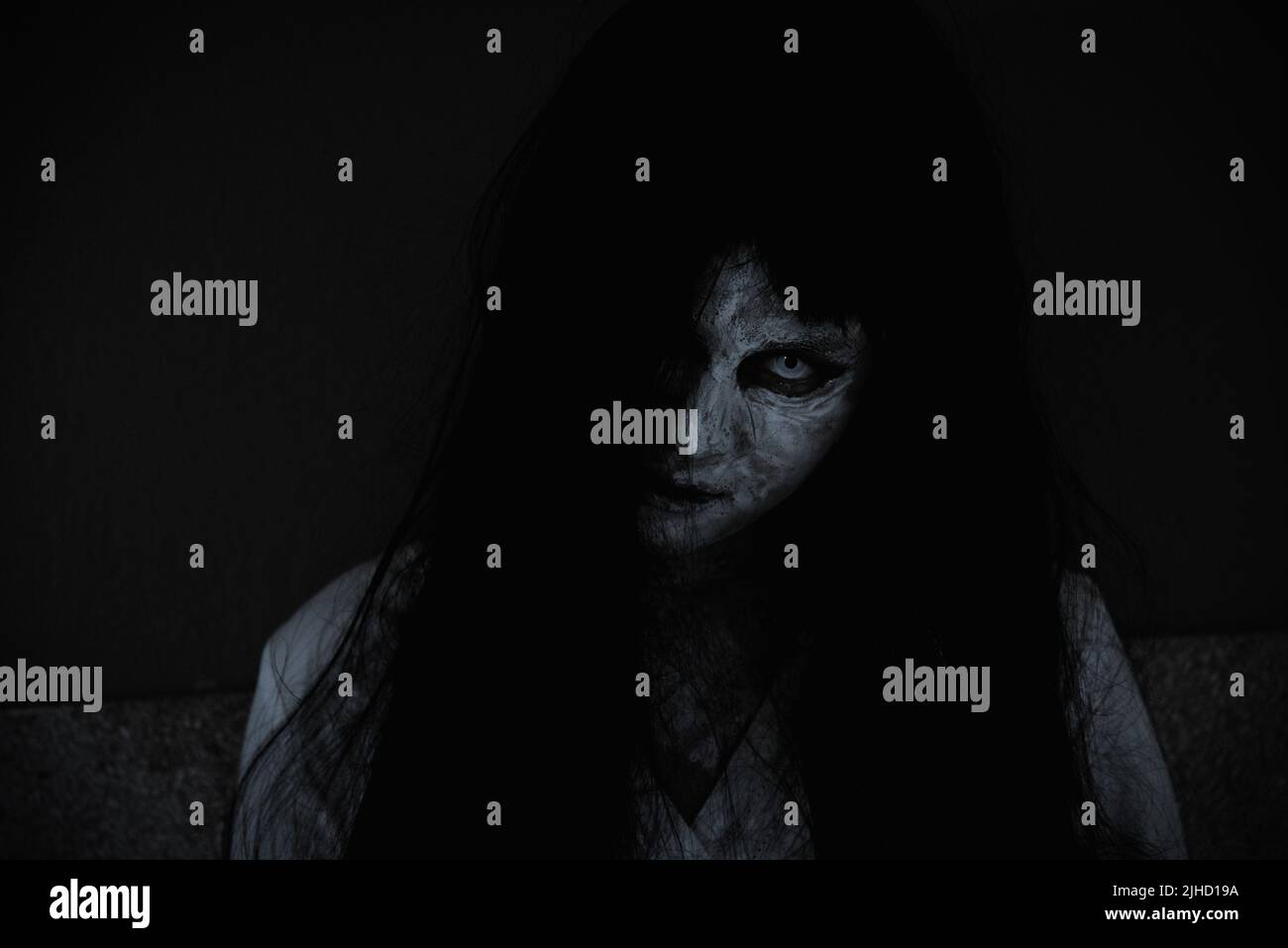 Asian woman ghost or zombie horror creepy scary close up she face and ...
