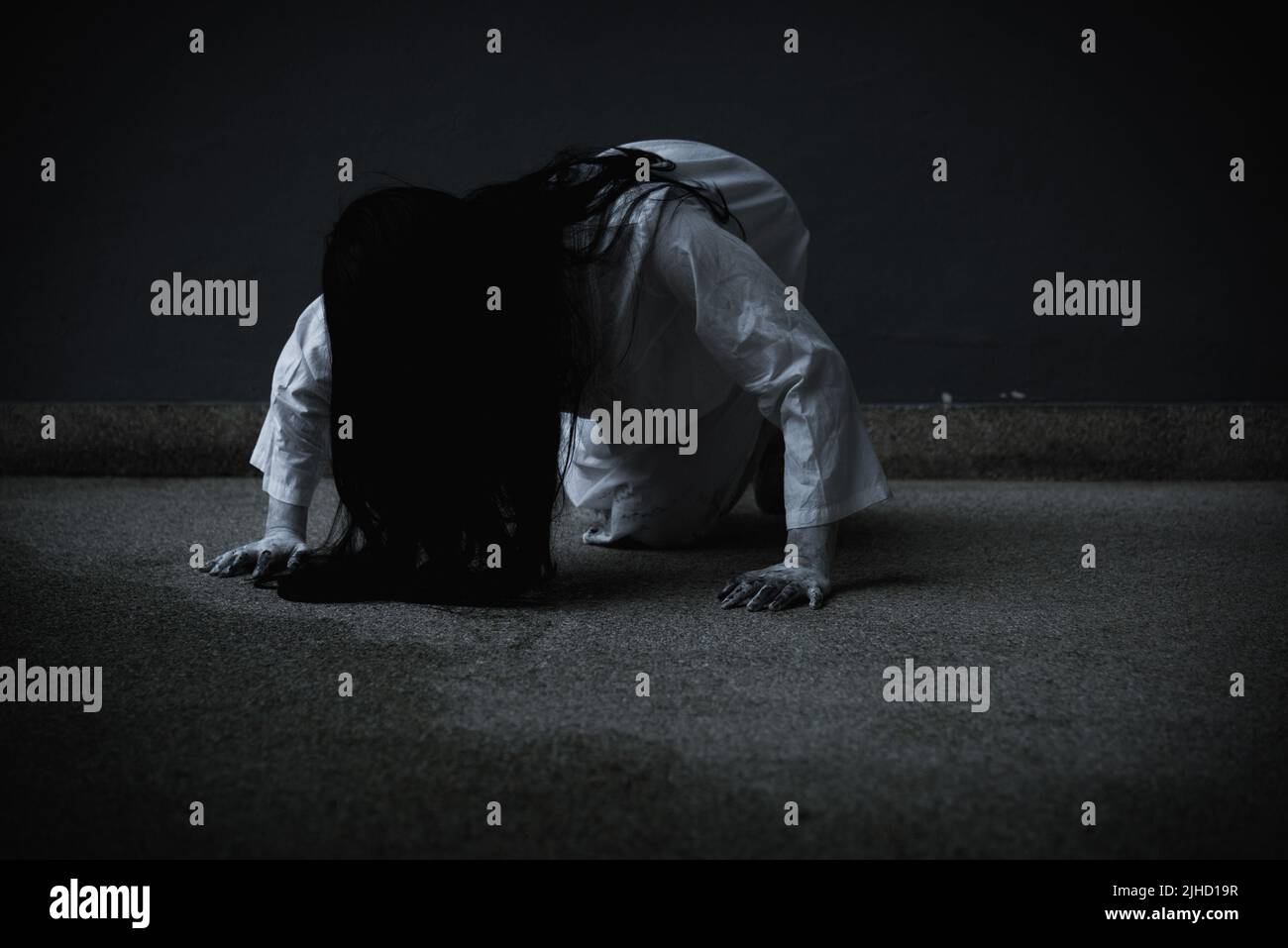 Asian woman ghost horror or zombie creepy scary angry face her crawling ...
